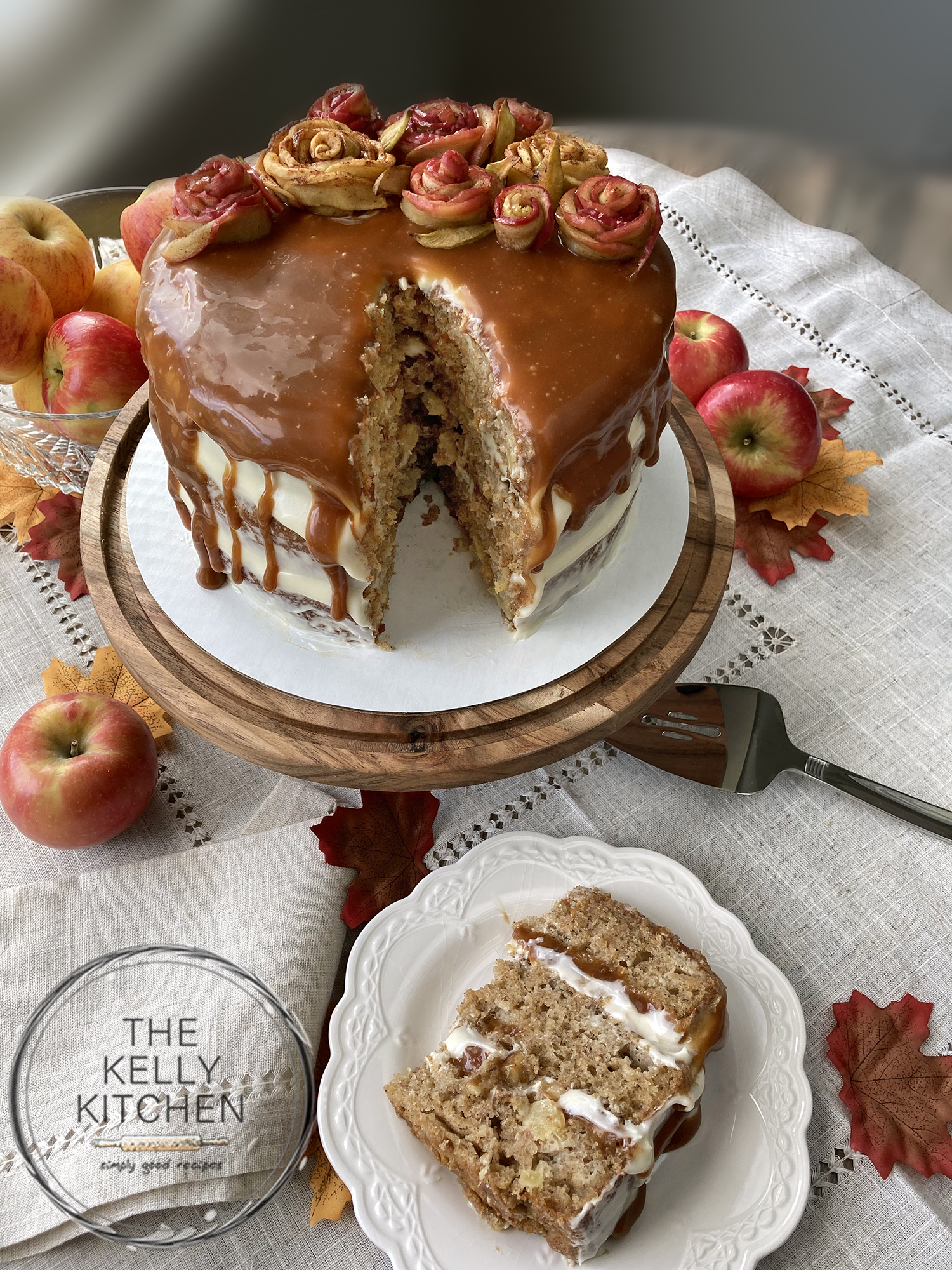 Caramel Apple Cake with Baked Apple Roses - THE KELLY KITCHEN